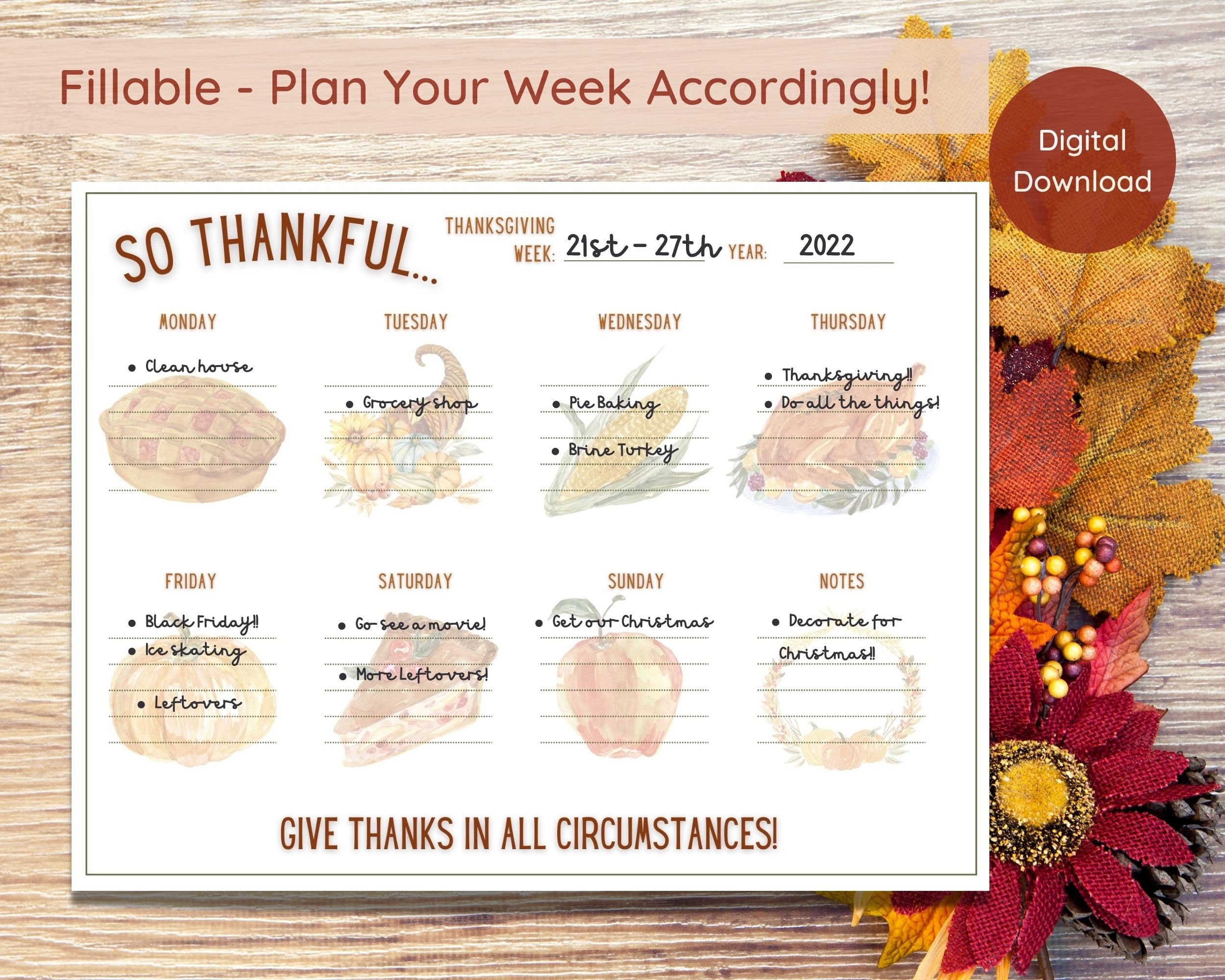 Week of Thanksgiving One Page Printable Planner - Etsy