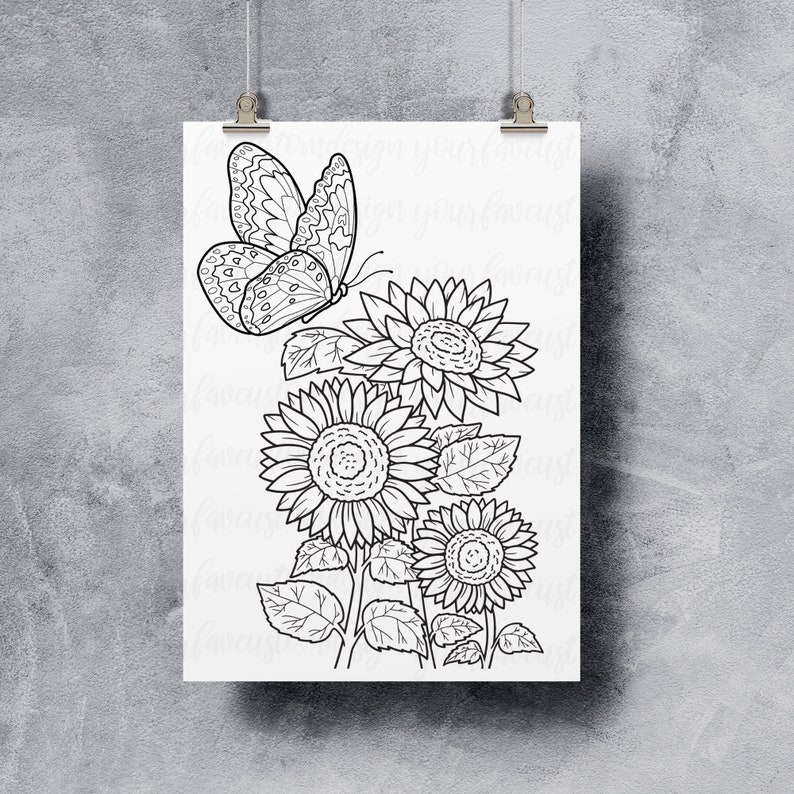 Printable Sunflower Coloring Page Butterfly PDF Printable - Etsy