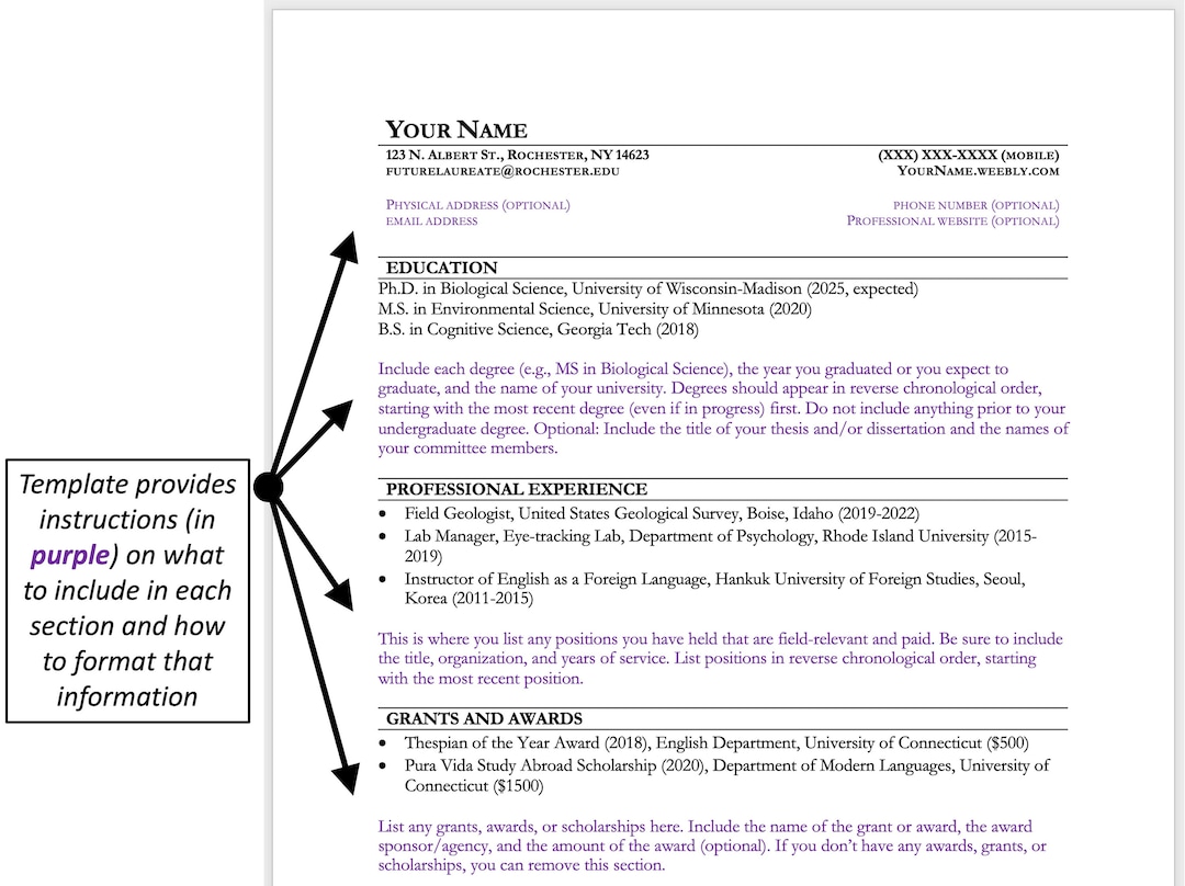 Academic CV Template-2 *with Instructions* (MA/MS, Phd, All Fields) - Etsy
