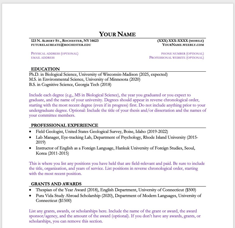 Academic CV Template *with Instructions* (MA/MS, Phd, All Fields) - Etsy