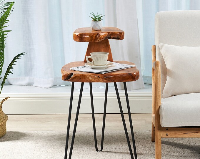 Rustic Natural Edge End Table, 2-tier Live Edge Side Table With Metal ...