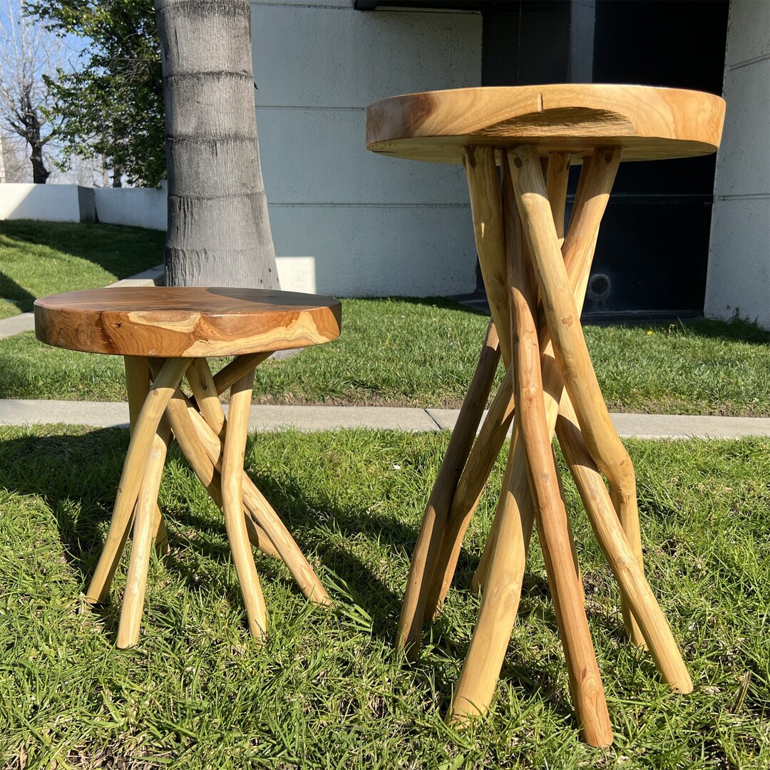Teak Wood Accent Side Table With Branch Base, Tree Stump End Table ...