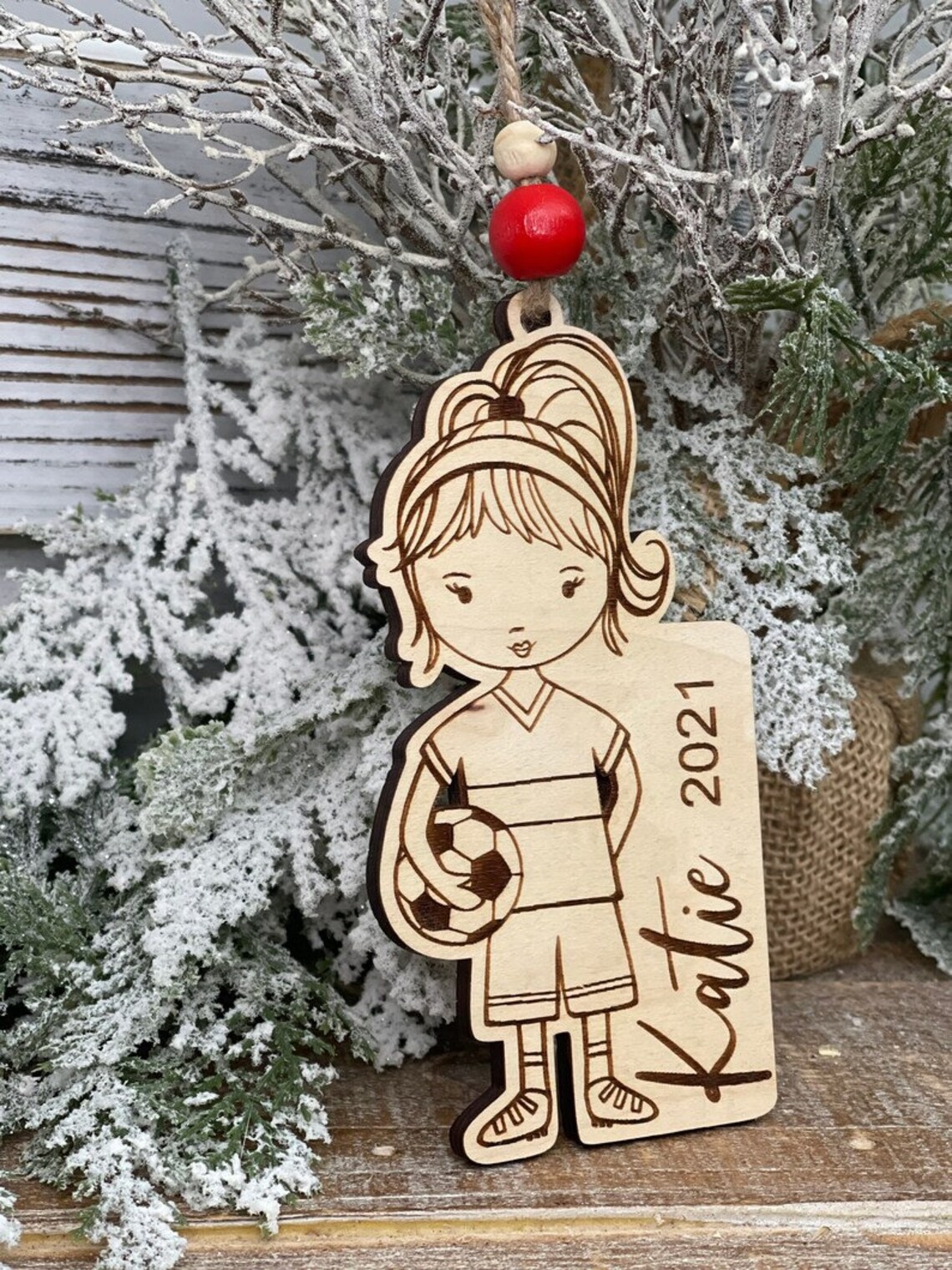 DIY Wooden Personalised Cute Soccer Girl Ornament Add Your Own Name ...