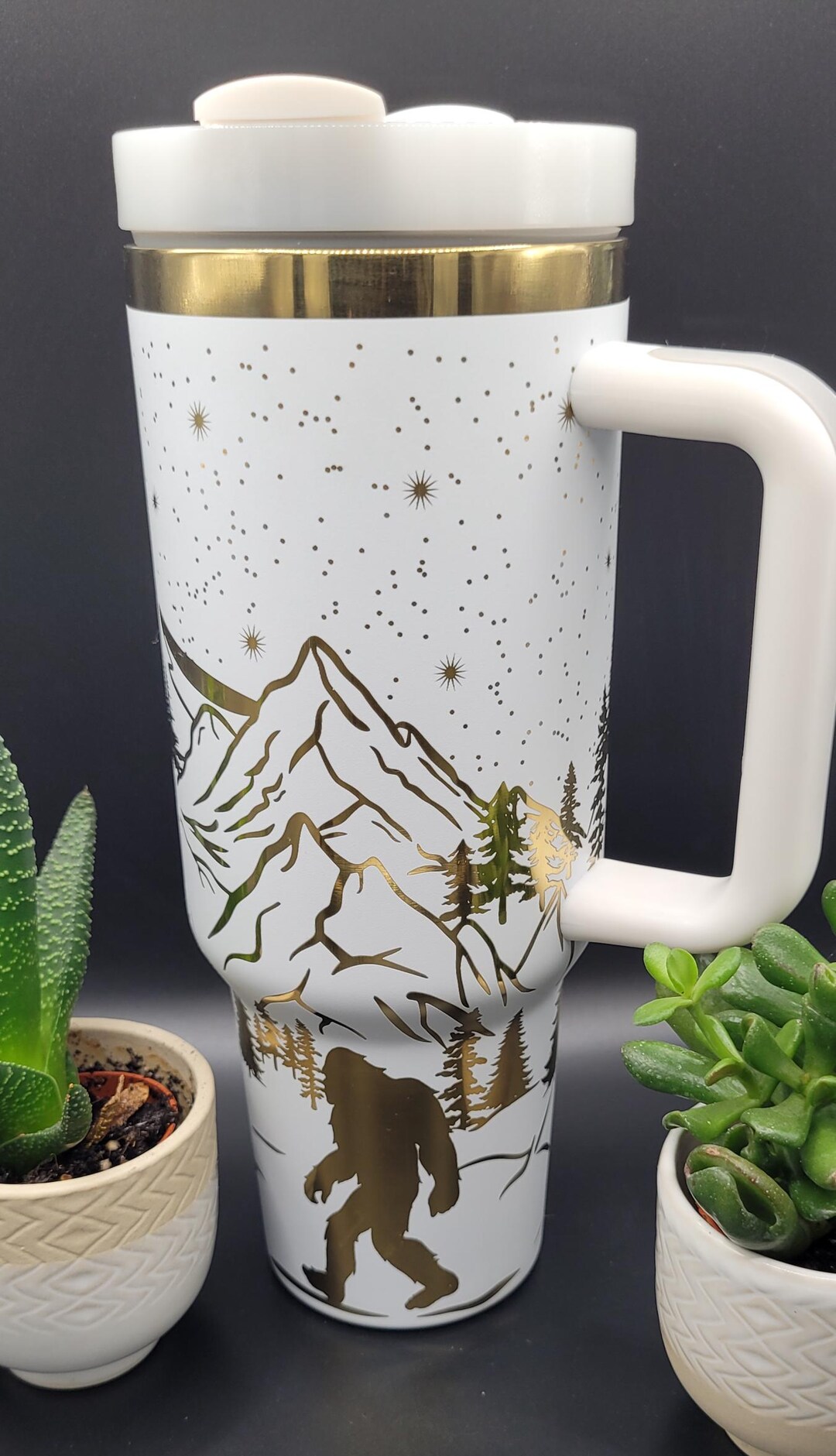 Yetti, Yeti, Bigfoot, Mountain Scene, White and Gold Engraved Tumbler ...