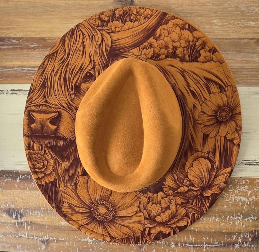 Highland Cow and Sunflowers Burned Hat, Cow and Flowers Burned Cowgirl ...