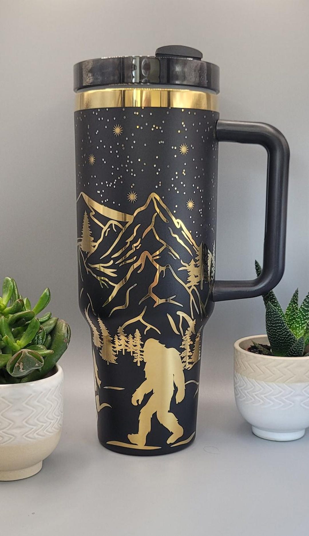 Yetti, Yeti, Bigfoot, Mountain Scene, Black and Gold Engraved Tumbler ...