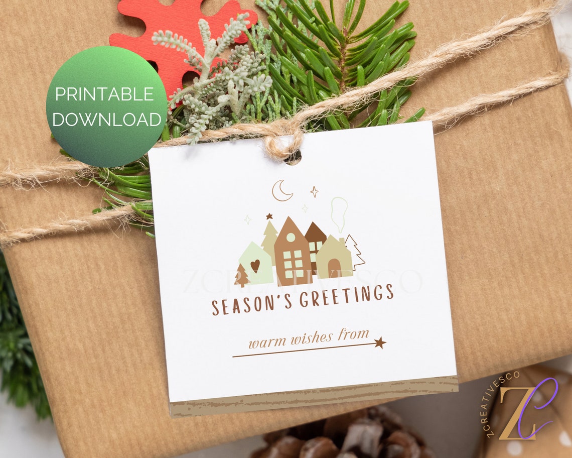 Printable Season's Greetings Holiday Warm Wishes Gift Tag, Rustic Boho ...