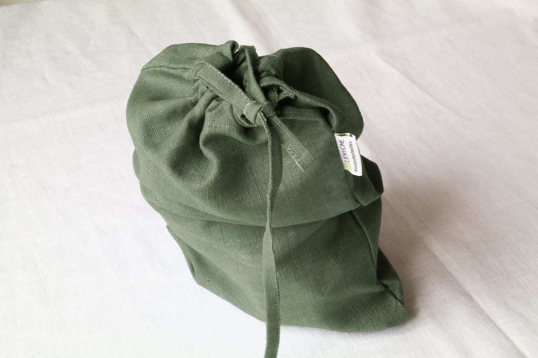 Green Linen Drawstring Bag. Linen Kitchen Storage. Linen Storage Bag ...