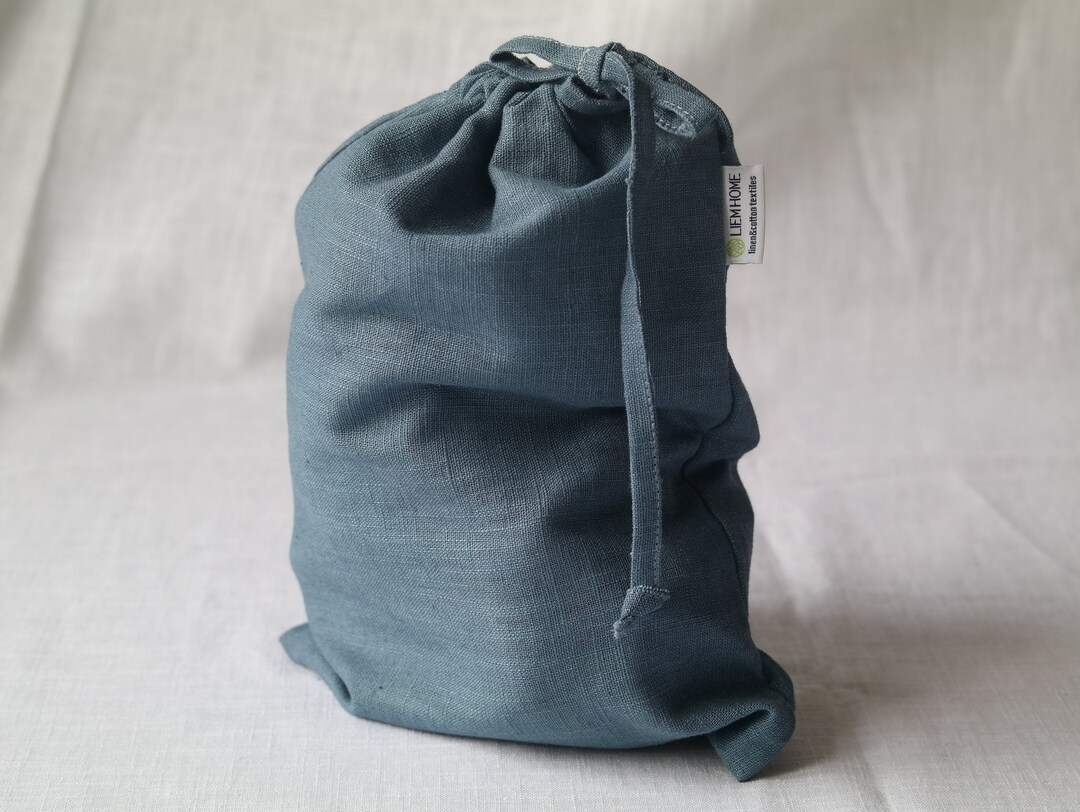 Blue Linen Drawstring Bag. Linen Kitchen Storage. Linen Storage Bag ...