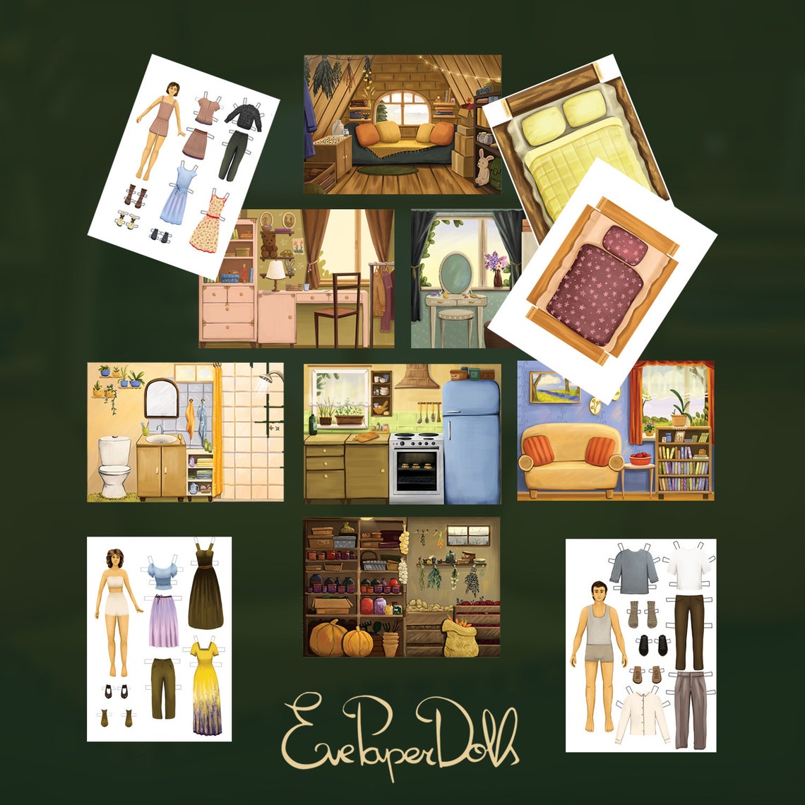 Printable Paper Doll Family House Set, Dollhouse Room Backgrounds, Cut ...