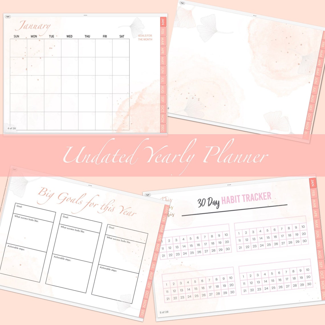Pink Watercolor Undated Yearly Planner | Compatible With Goodnotes 5 ...