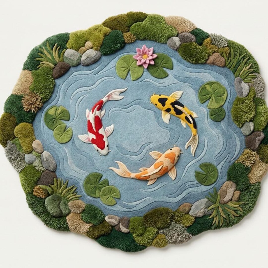 Koi Fish Pond Rug | Japanese Hand Tufted Wool Living Room Area Rug| 8x8 ...
