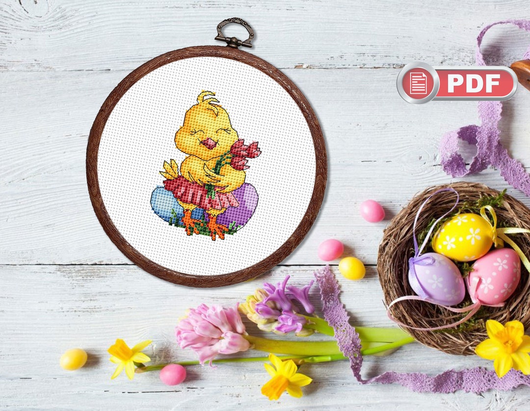 Little Chick With Tulips Cross Stitch Pattern, Easter Chick Cross ...