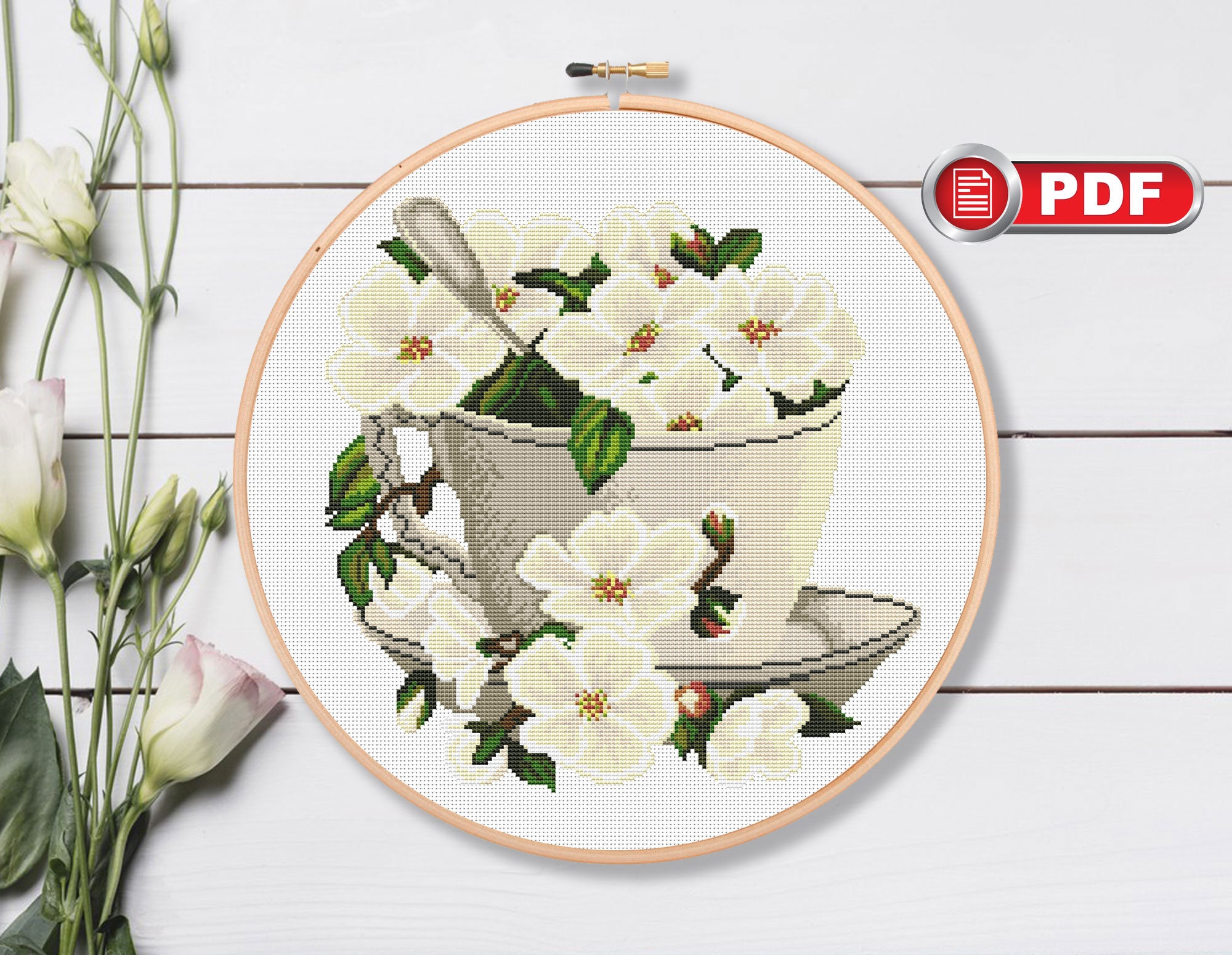 Set of 5 Flowers in A Cup Cross Stitch, Flowers Cross Stitch Pattern, Kitchen Cross Stitch ...
