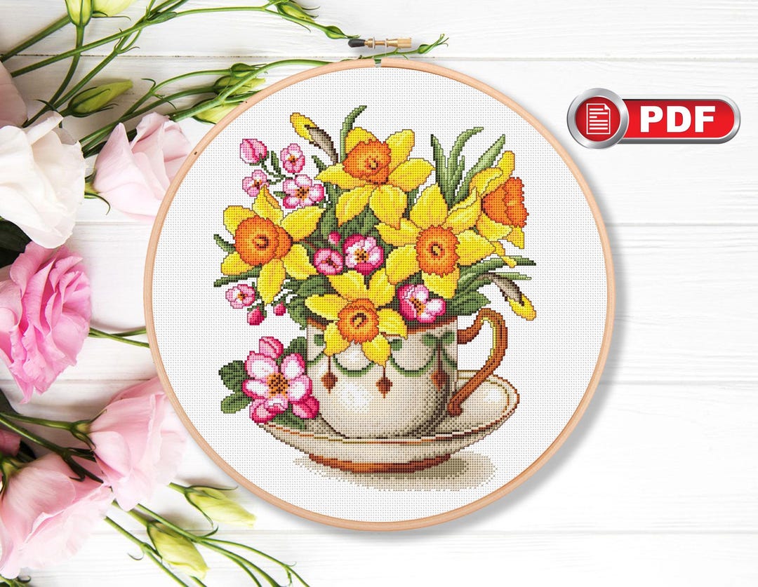 Daffodils in A Cup Cross Stitch, Flowers Cross Stitch Pattern, Kitchen ...