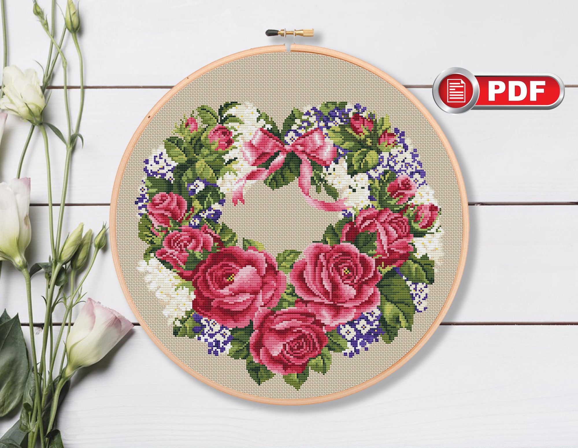 Heart of Pink Roses Cross Stitch Patterns, Happy Valentines Day Cross ...
