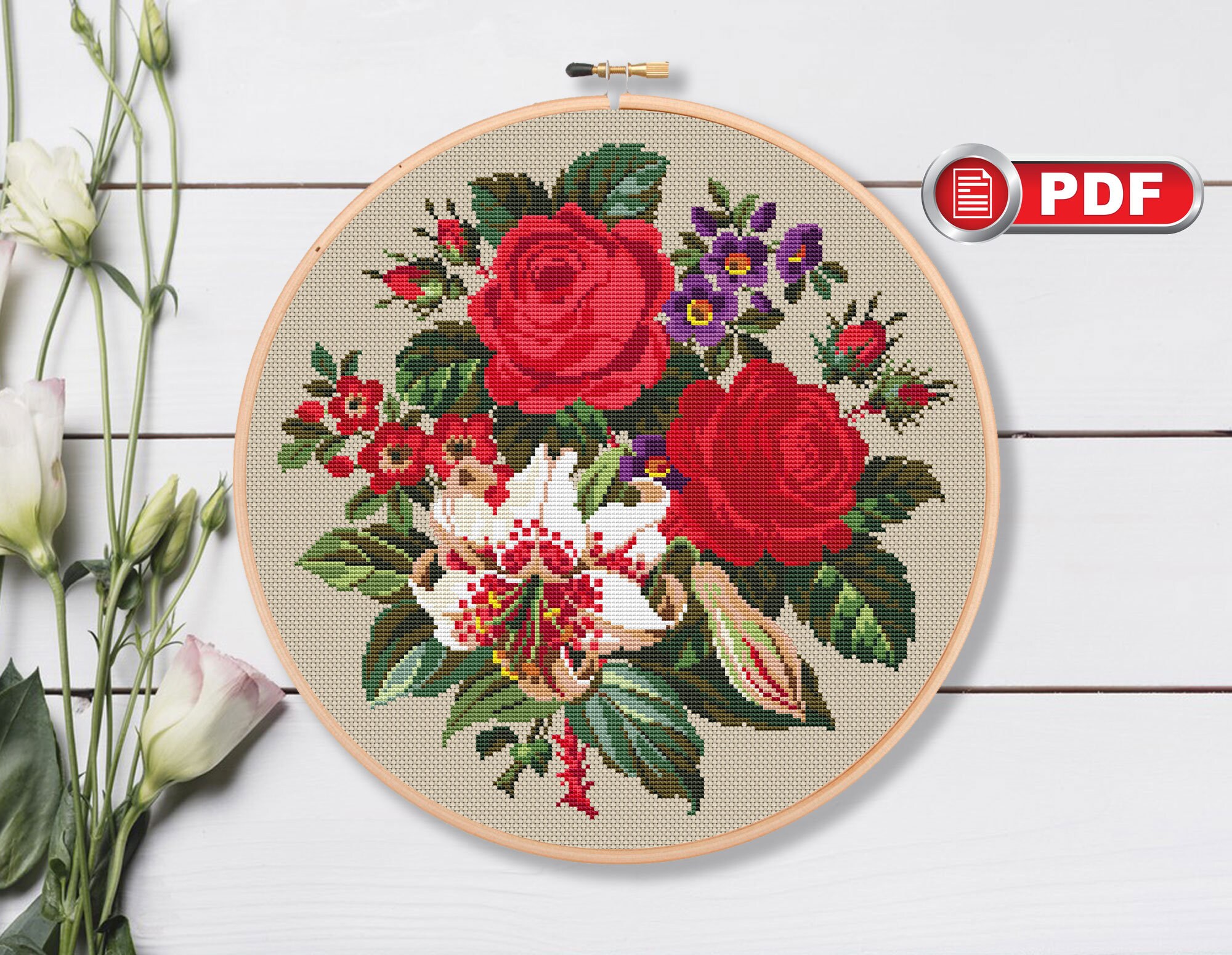 Lilies and Roses Cross Stitch Pattern, Bouquet Cross Stitch Pattern, Flowers Cross Stitch ...