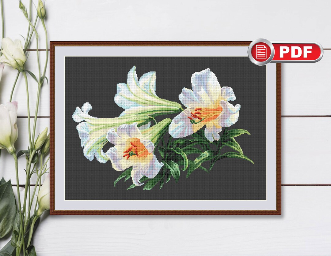 White Lilies Cross Stitch Pattern, Bouquet Cross Stitch Pattern, Summer ...
