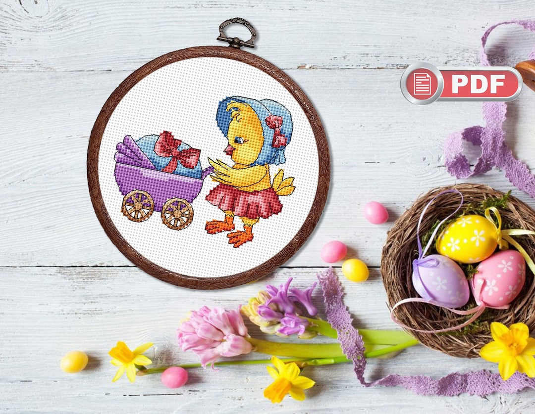 Little Chick With Pram Cross Stitch Pattern, Easter Chick Cross Stitch ...