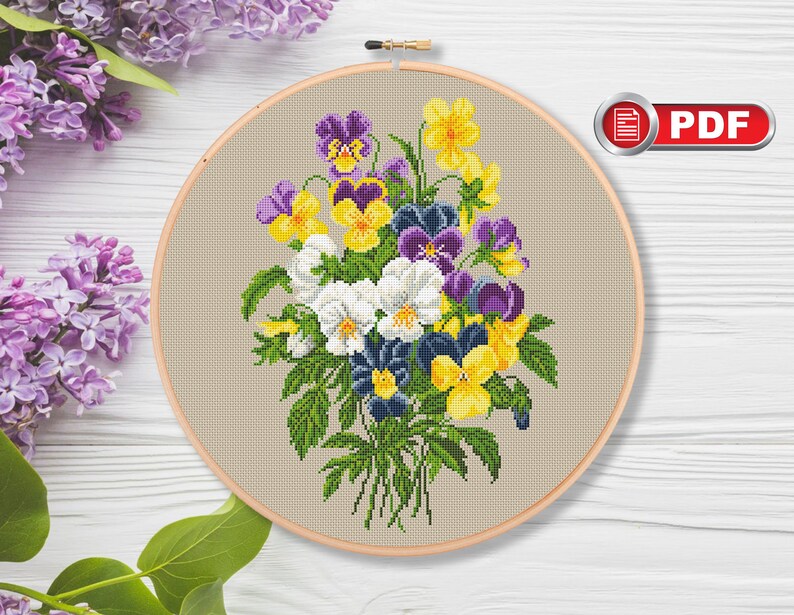 Bouquet of Pansies Cross Stitch Pattern, Flowers Cross Stitch Pattern ...