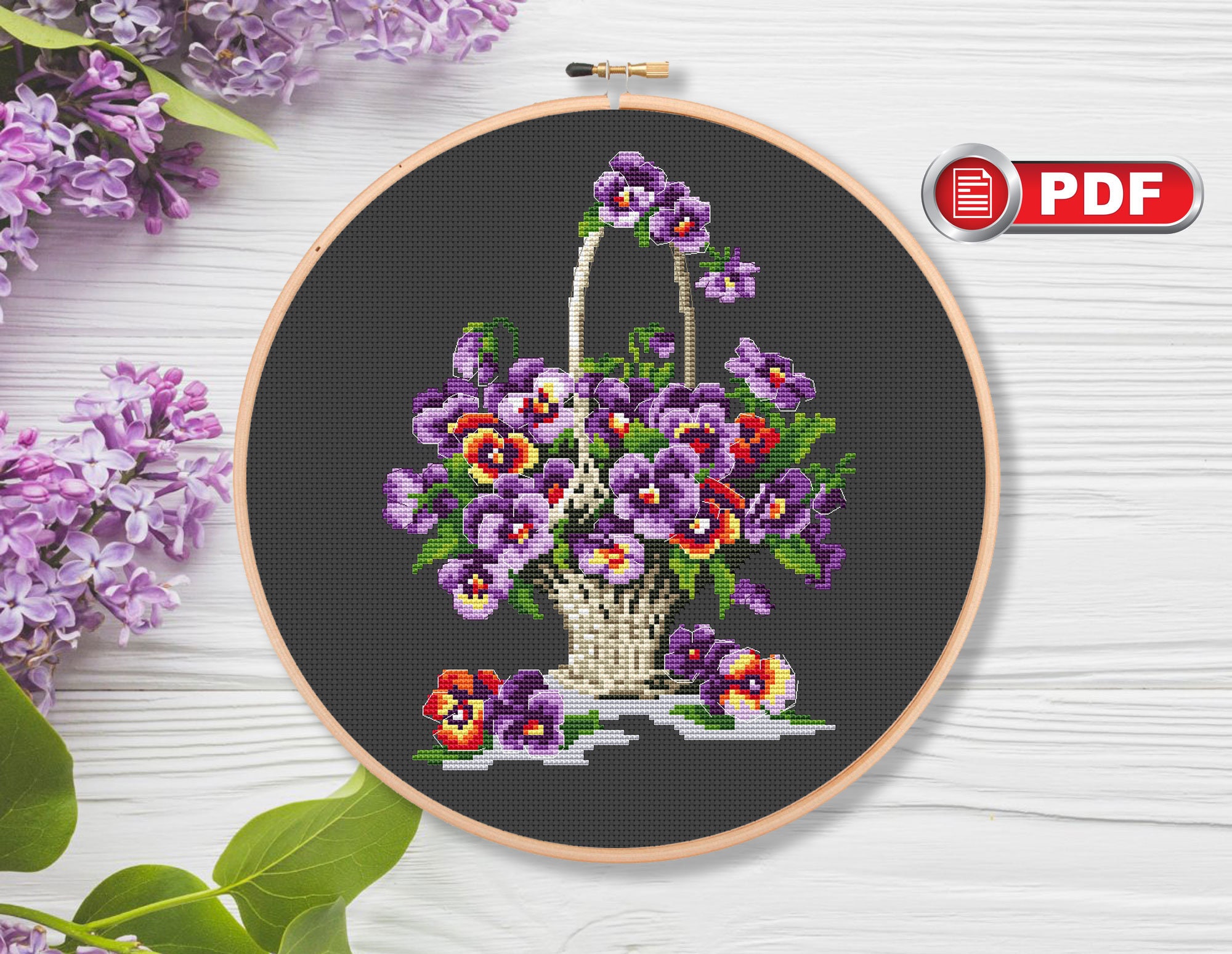 Pansies in A Basket Cross Stitch Pattern, Flowers Cross Stitch Pattern ...