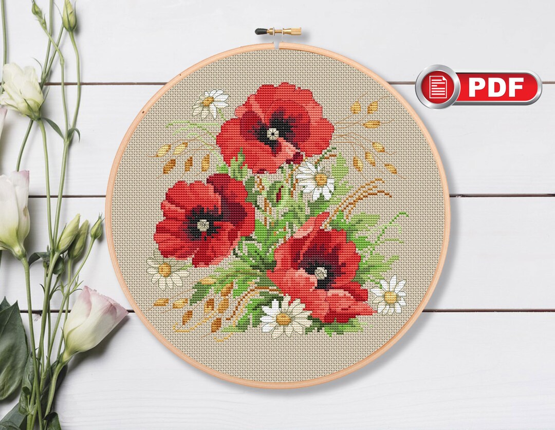 Poppies and Daisies Cross Stitch Patterns, Bouquet Cross Stitch ...
