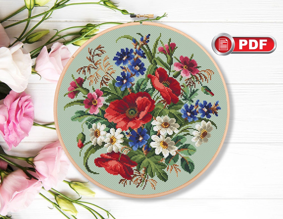 Summer Bouquet Cross Stitch Patterns, Peony Cross Stitch Patterns ...