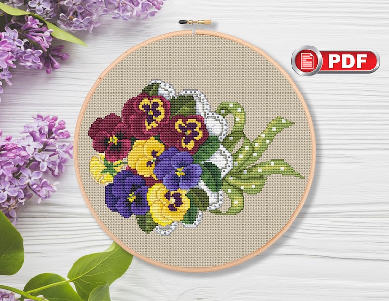 Vintage Bouquet of Pansies Cross Stitch Pattern, Flowers Cross Stitch ...