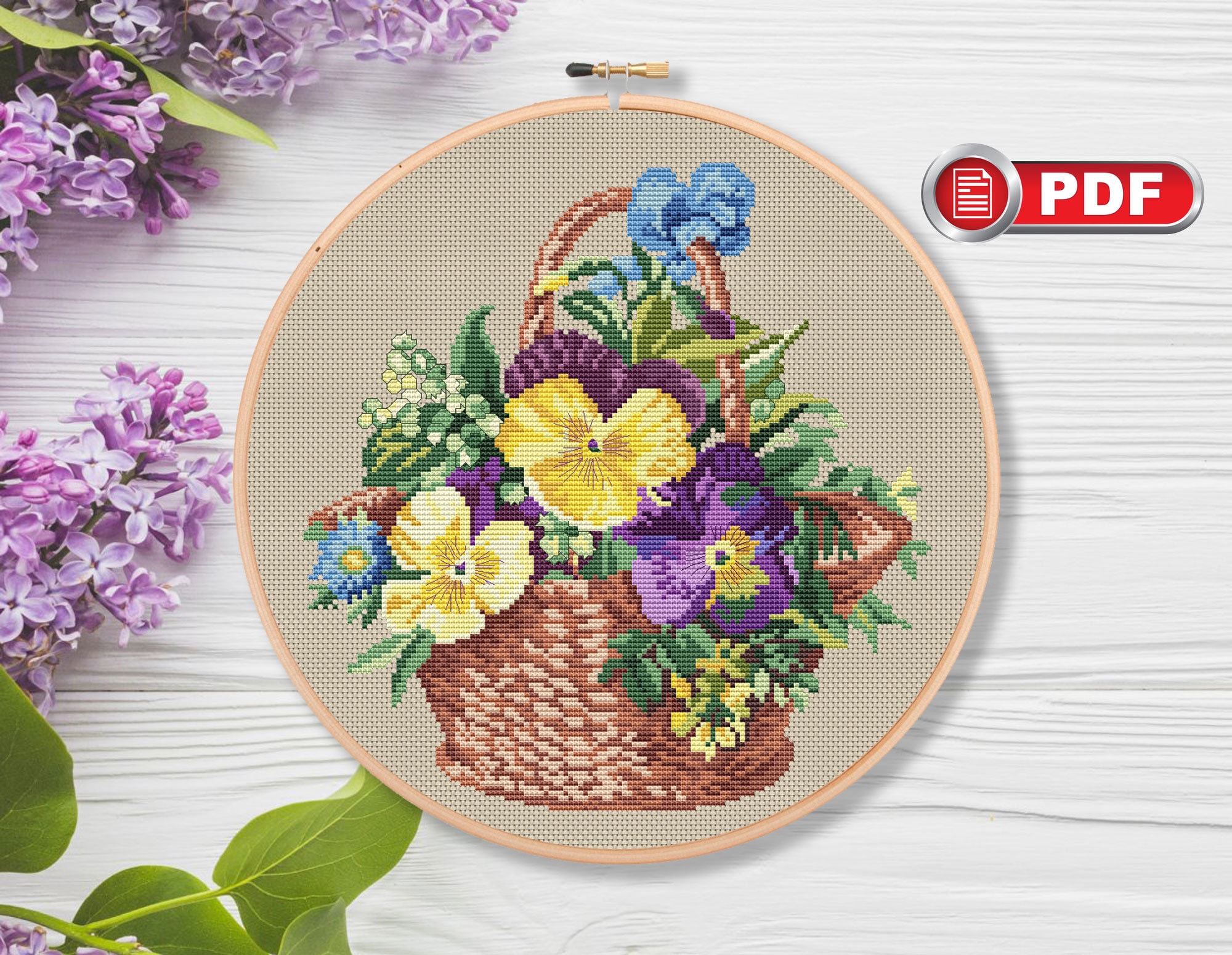 Pansies in A Basket Cross Stitch Pattern, Flowers Cross Stitch Pattern ...