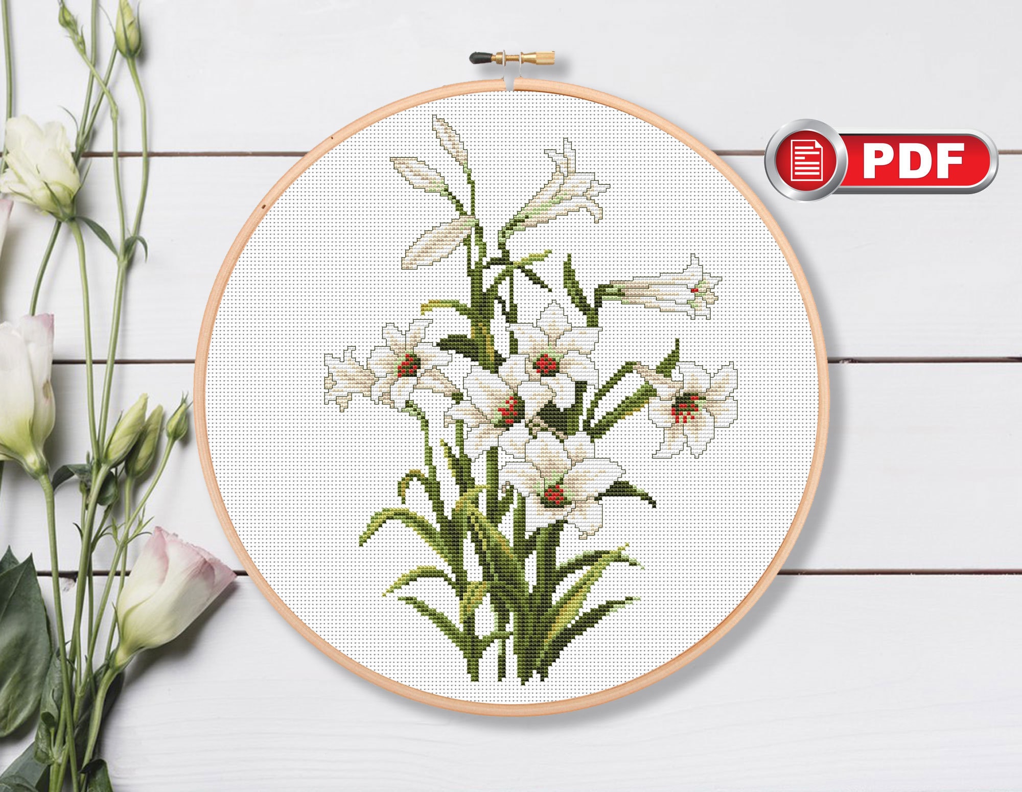 White Lilies Cross Stitch Pattern, Bouquet Cross Stitch Pattern, Summer ...