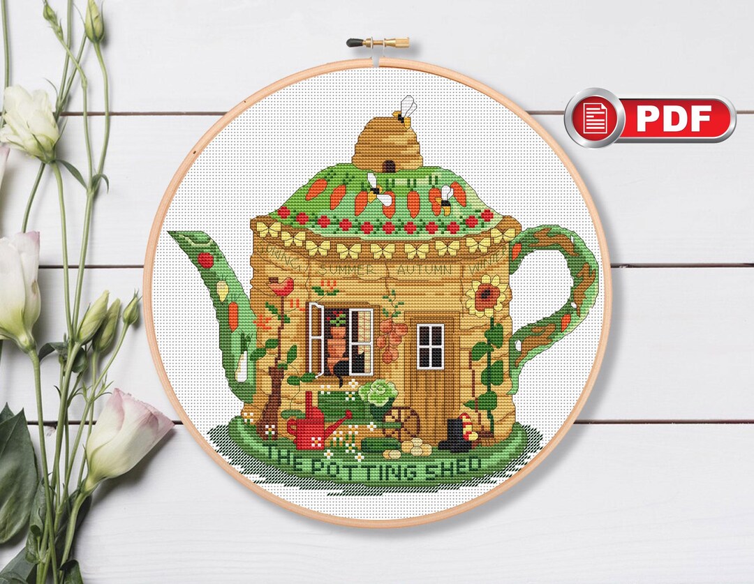 Painted Teapot Cross Stitch Pattern, Kitchen Cross Stitch Pattern, Tea ...