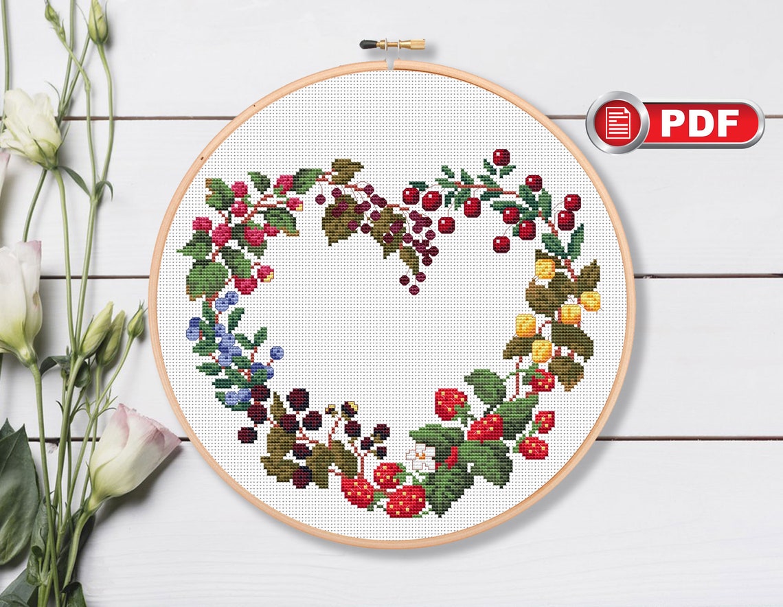 Berry Heart Cross Stitch Patterns, Happy Valentines Day Cross Stitch ...