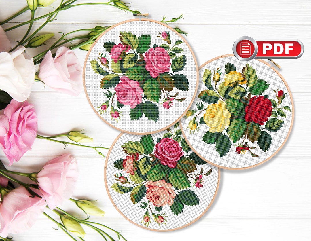 Set of 3 Bouquet of Roses Cross Stitch Patterns, Bouquet Cross Stitch ...