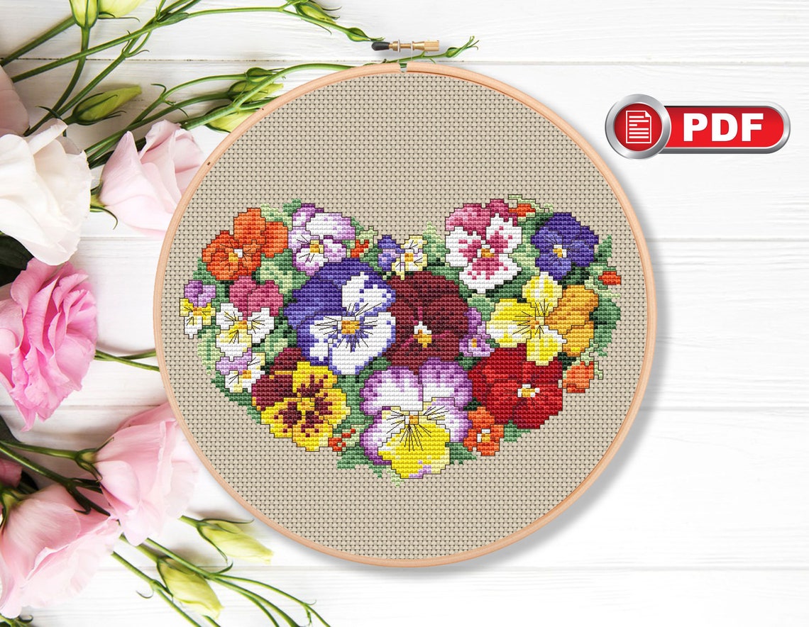 Heart of Pansies Cross Stitch Pattern, Flowers Cross Stitch Pattern ...