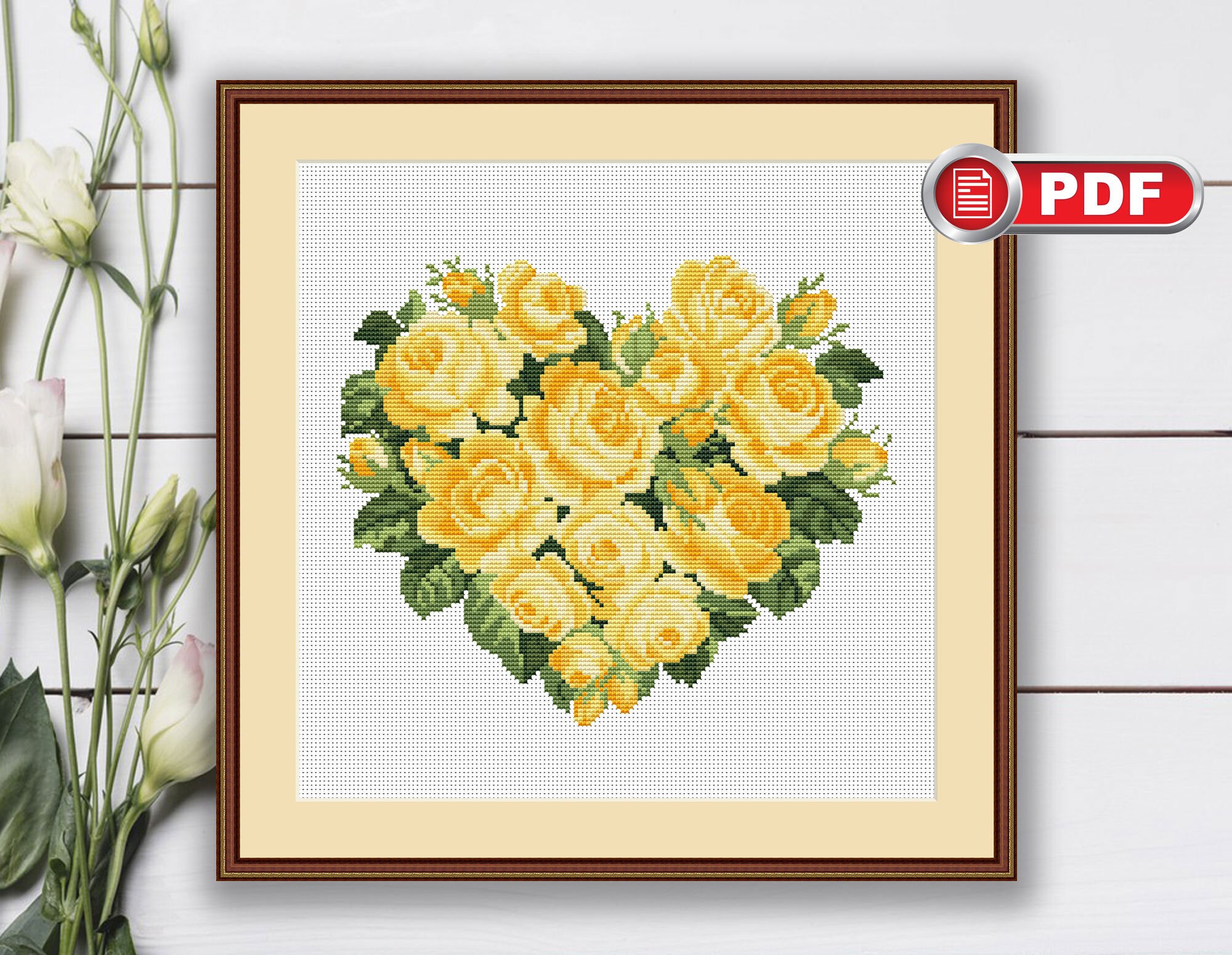 Heart of Yellow Roses Cross Stitch Patterns Happy Valentines - Etsy