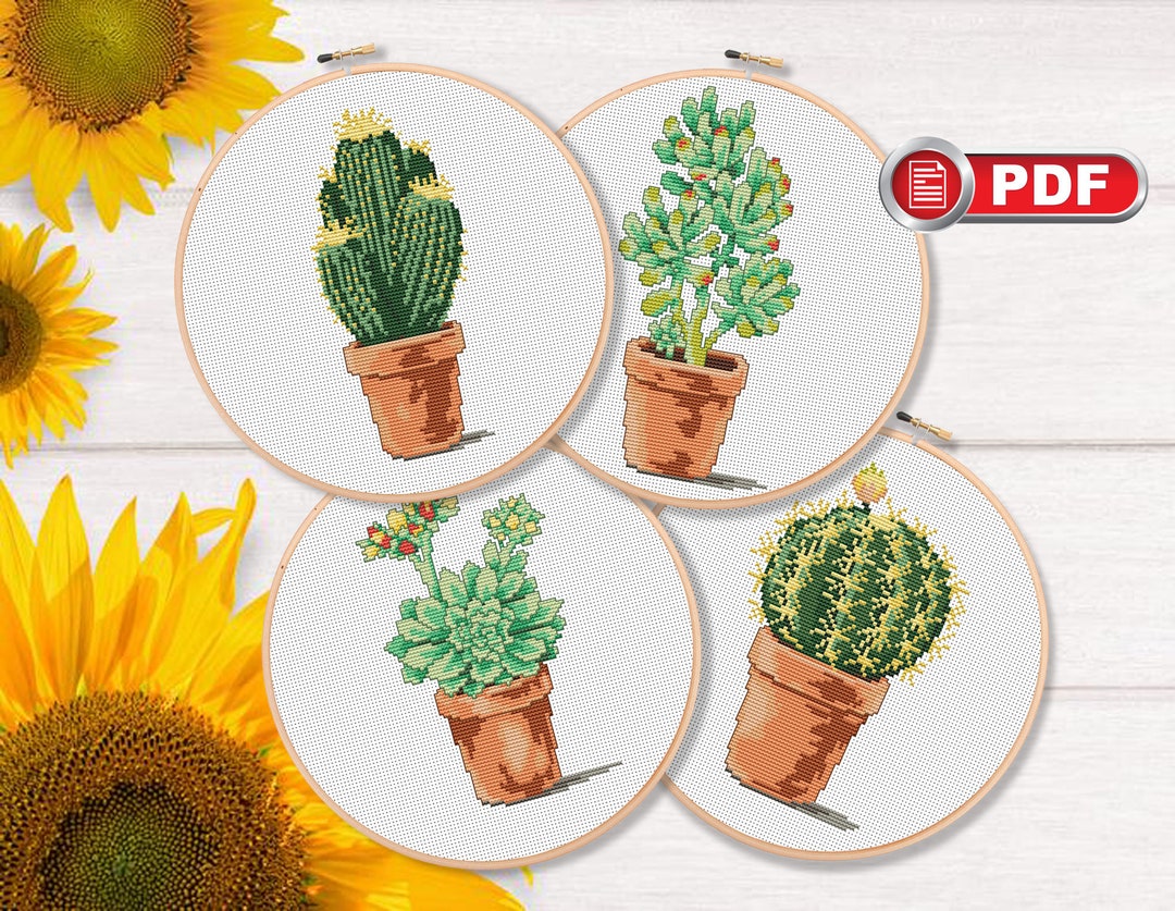 Set of 4 Cacti Cross Stitch Pattern, Cacti Cross Stitch Patterns, Potted Plants Cross Stitch ...