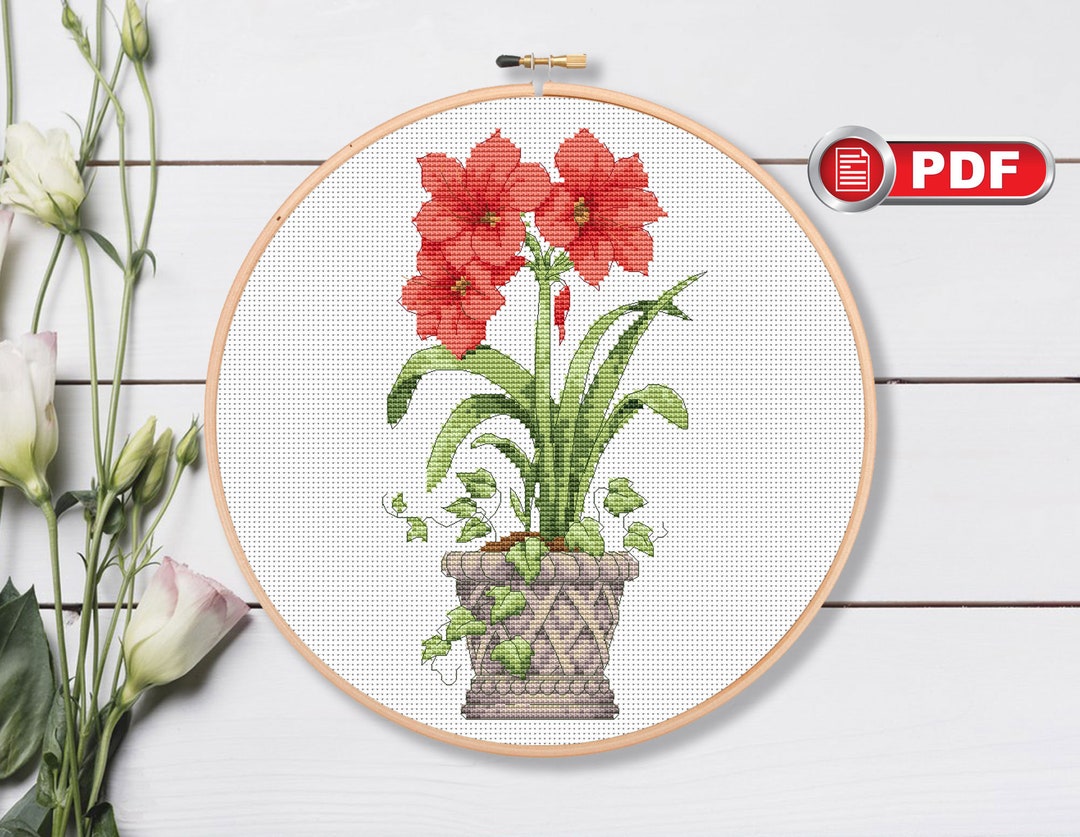 Red Amaryllis Cross Stitch Patterns, Bouquet Cross Stitch Patterns ...