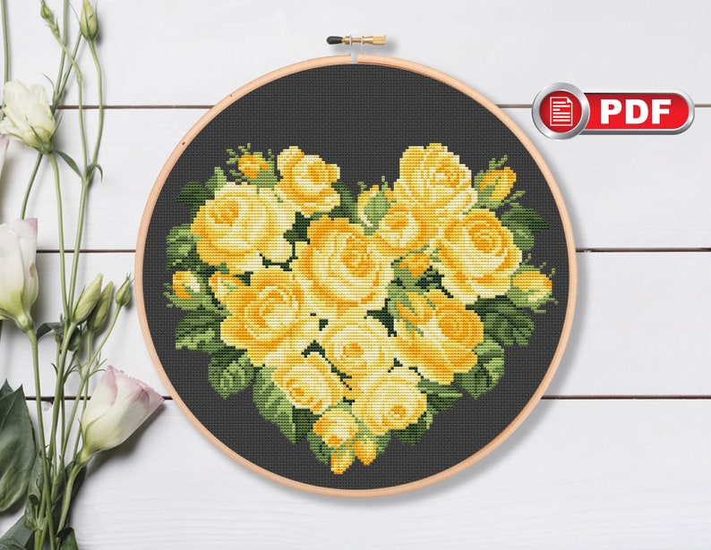 Heart of Yellow Roses Cross Stitch Patterns Happy Valentines - Etsy
