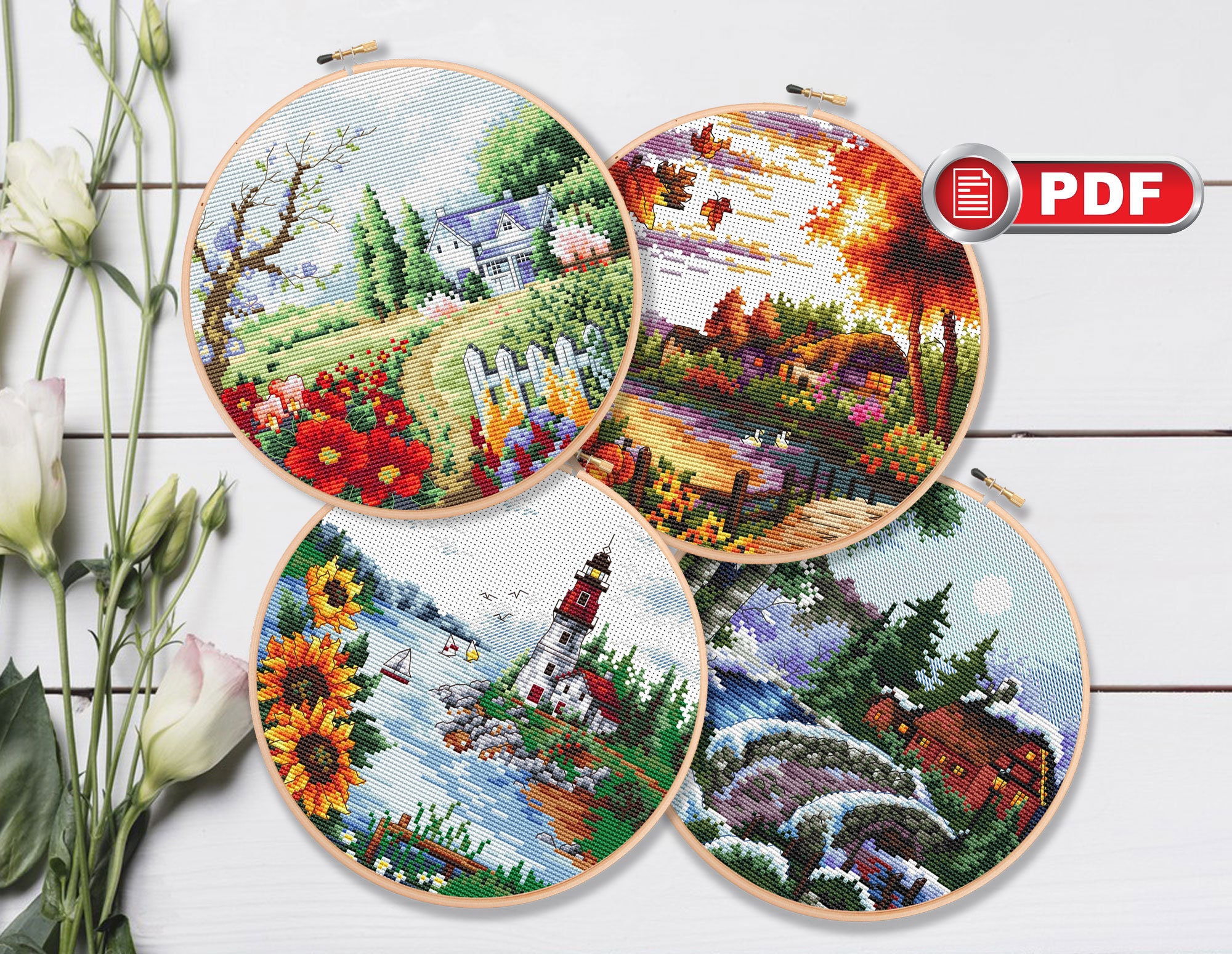 Set of 4 Seasons Cross Stitch Patterns, Landscape Cross Stitch Patterns ...
