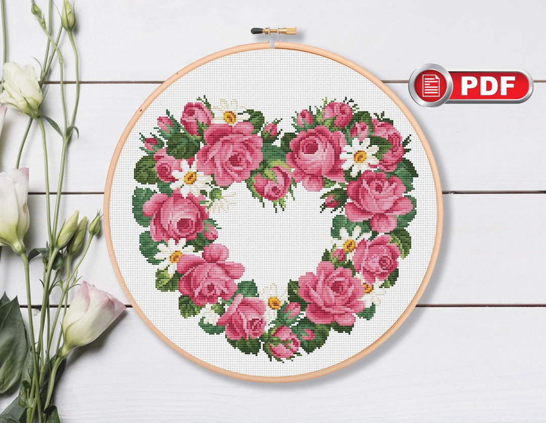 Heart of Pink Roses Cross Stitch Patterns, Happy Valentines Day Cross ...