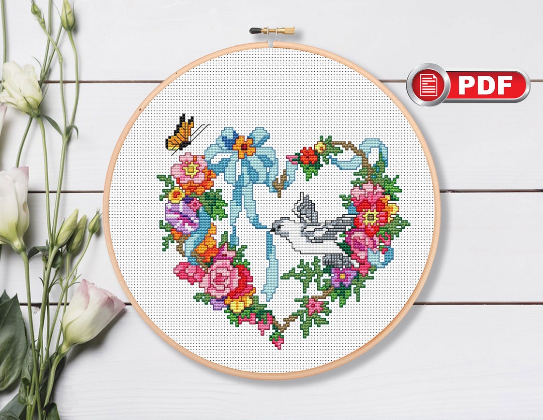 Flower Heart Cross Stitch Patterns, Happy Valentines Day Cross Stitch ...