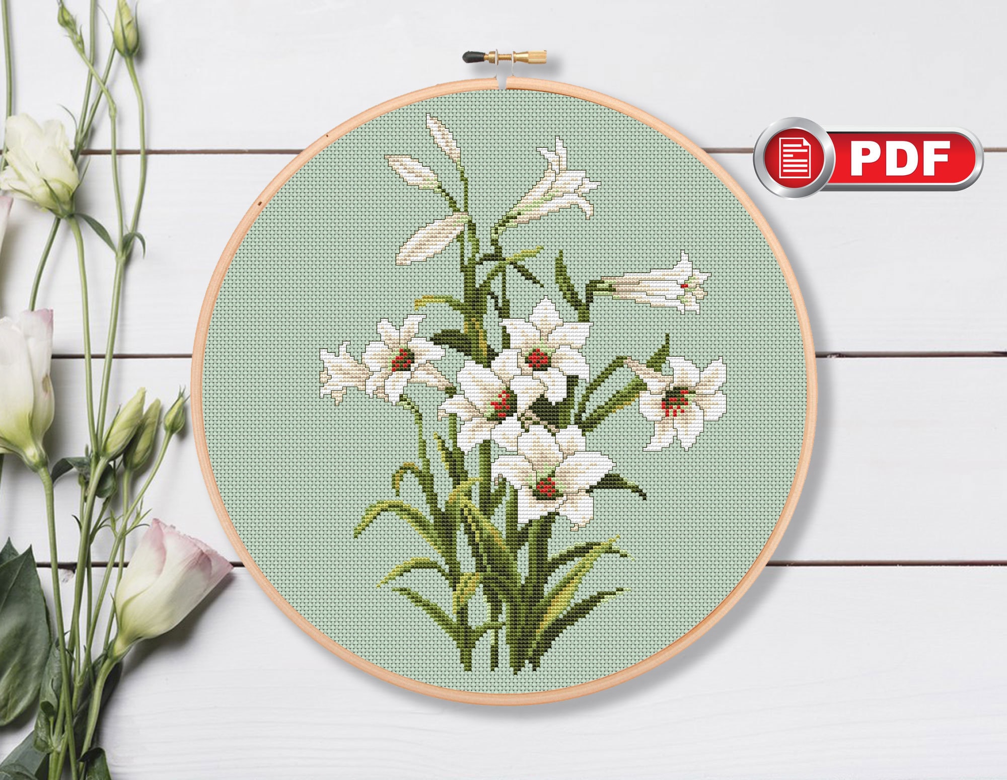 White Lilies Cross Stitch Pattern, Bouquet Cross Stitch Pattern, Summer ...