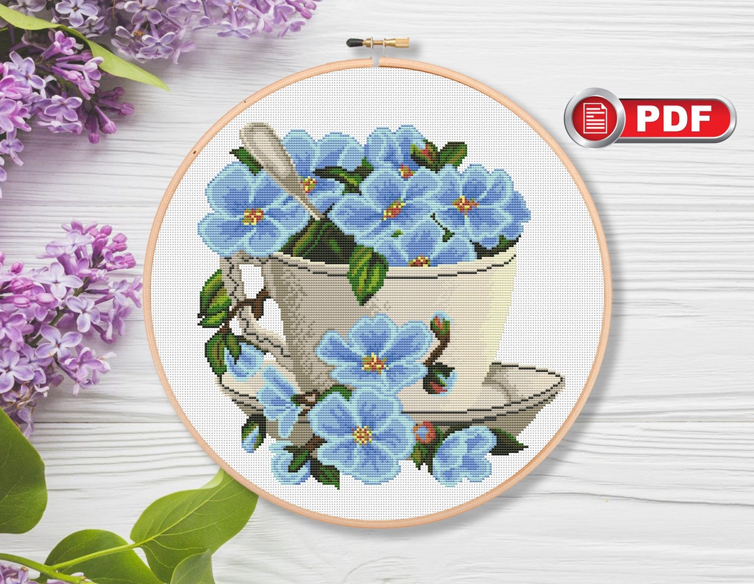 Blue Flowers in A Cup Cross Stitch, Flowers Cross Stitch Pattern ...