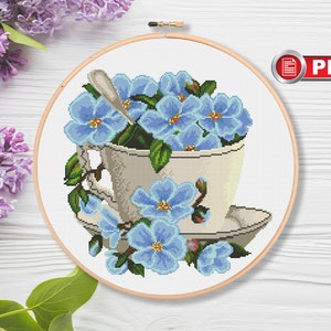 Blue Flowers in A Cup Cross Stitch, Flowers Cross Stitch Pattern ...