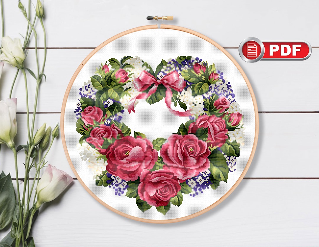 Heart of Pink Roses Cross Stitch Patterns, Happy Valentines Day Cross ...