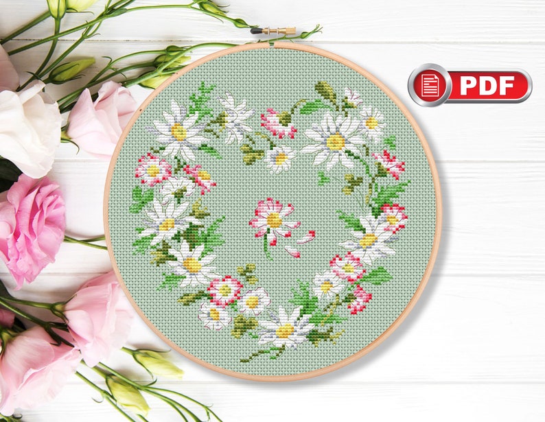 Heart of Daisies Cross Stitch Patterns, Summer Cross Stitch Patterns, Daisy Cross Stitch ...