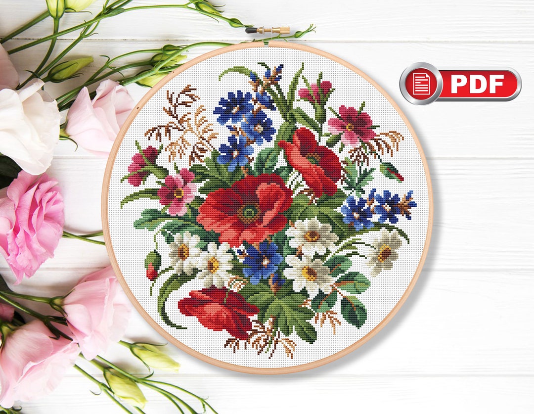 Summer Bouquet Cross Stitch Patterns, Peony Cross Stitch Patterns, Summer Cross Stitch Pattern ...