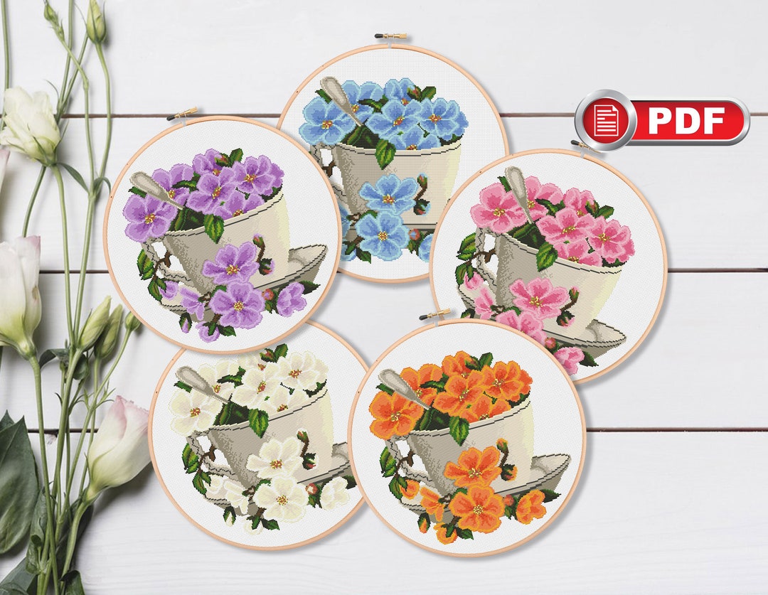 Set of 5 Flowers in A Cup Cross Stitch, Flowers Cross Stitch Pattern, Kitchen Cross Stitch ...