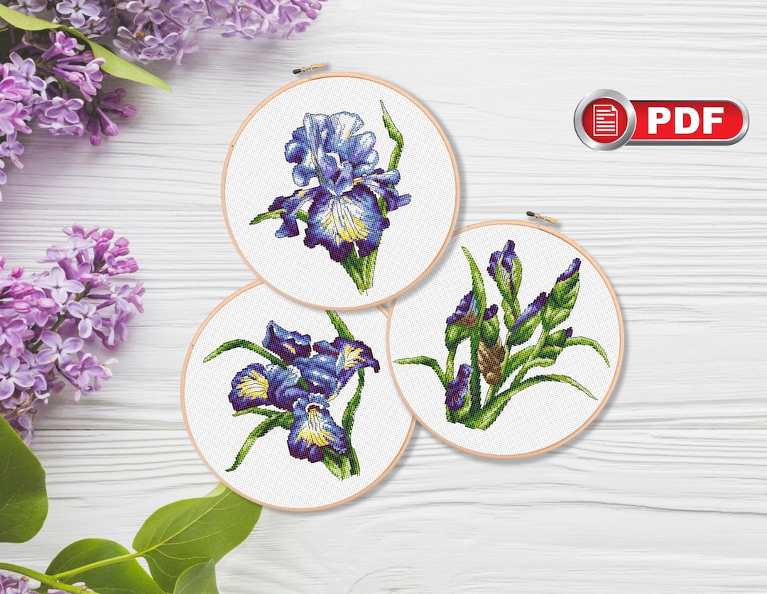 Set of 3 Irises Cross Stitch Patterns, Bouquet Cross Stitch, Summer ...