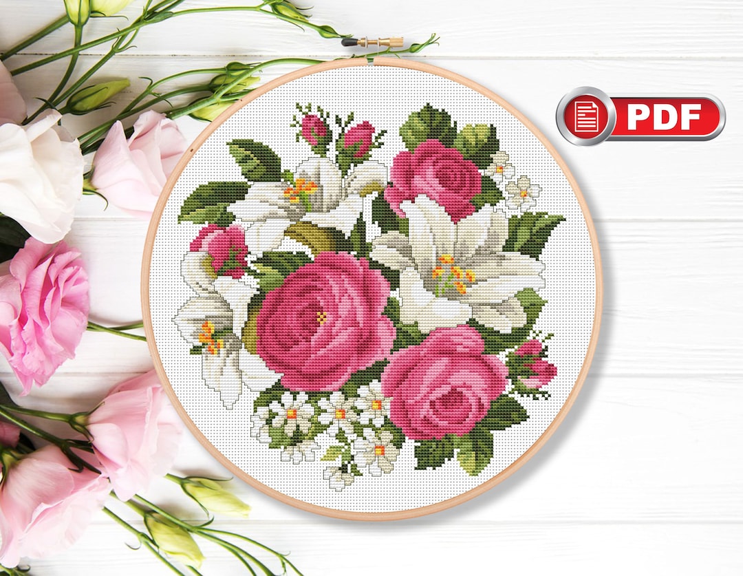 Lilies and Pink Roses Cross Stitch Pattern, Bouquet Cross Stitch ...